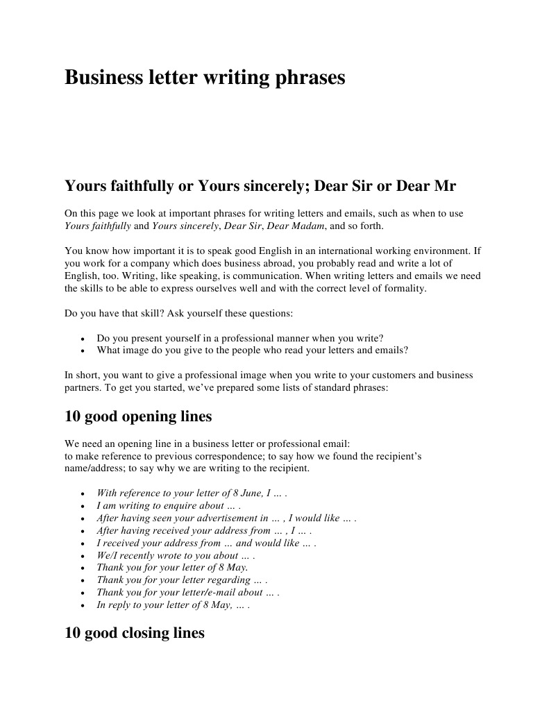 Business Letter Writing Phrases | PDF | Communication
