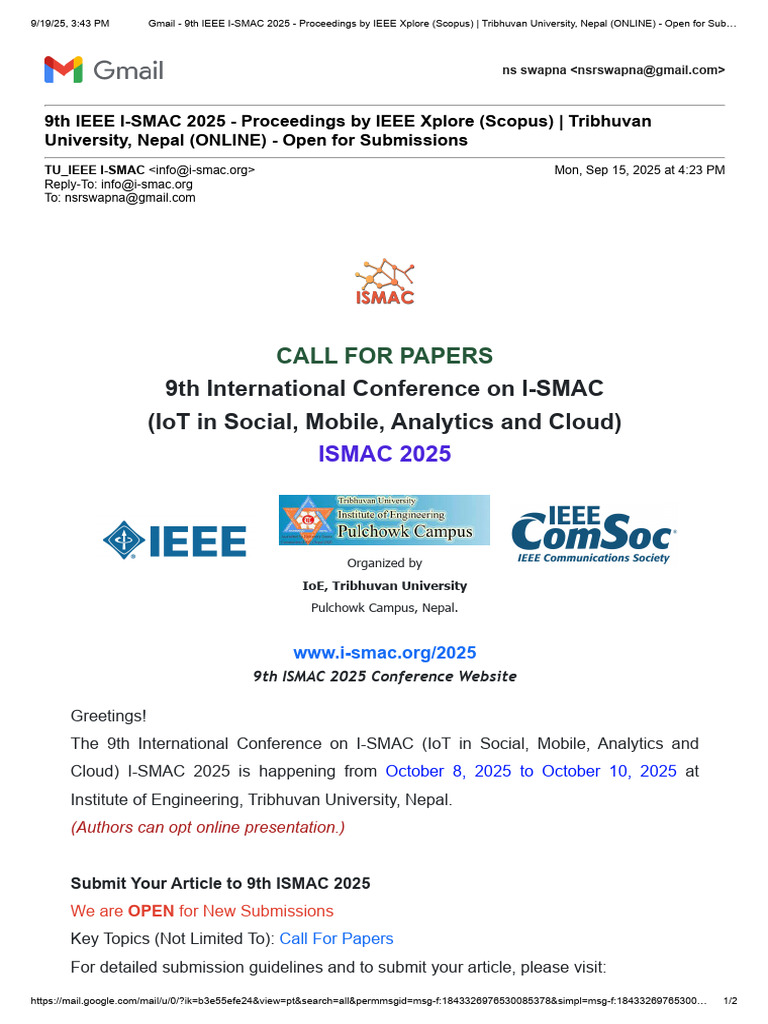 Gmail - 9th IEEE I-SMAC 2025 - Proceedings by IEEE Xplore (Scopus ...