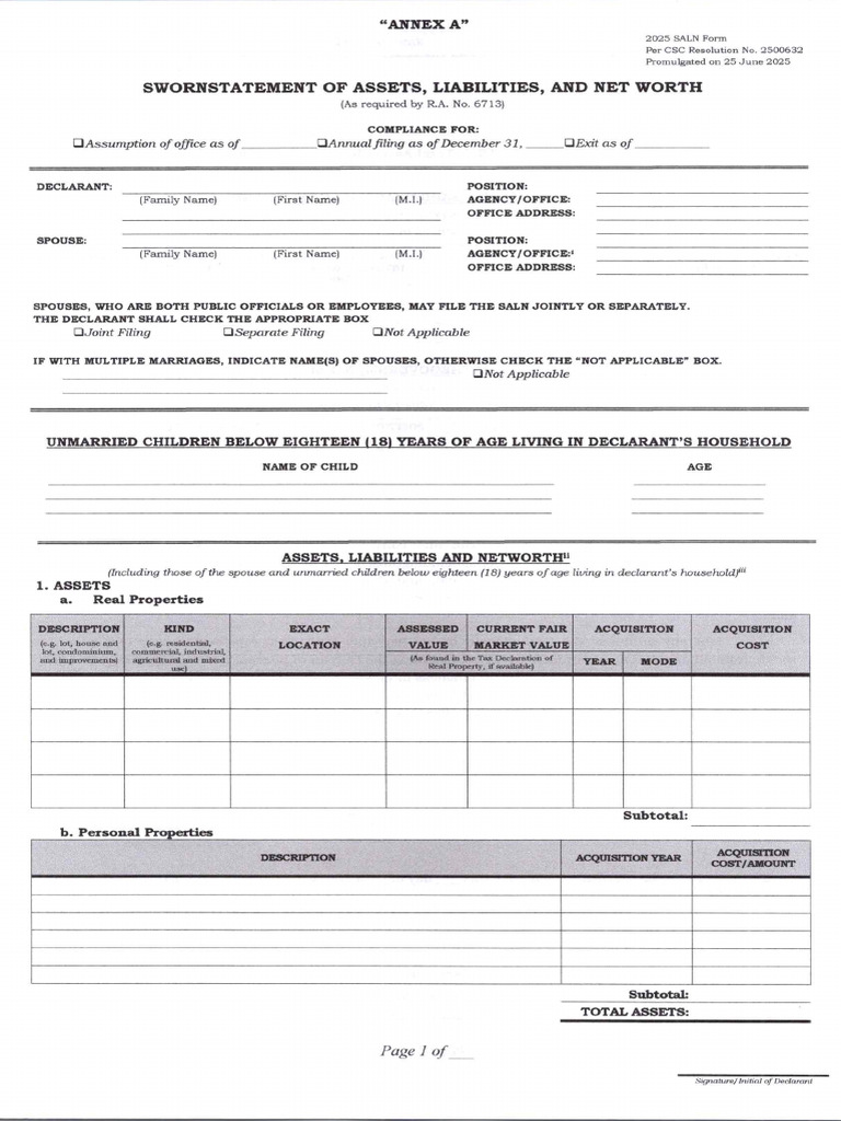 Annex A 2025 SALN Form and Additional Sheets | PDF