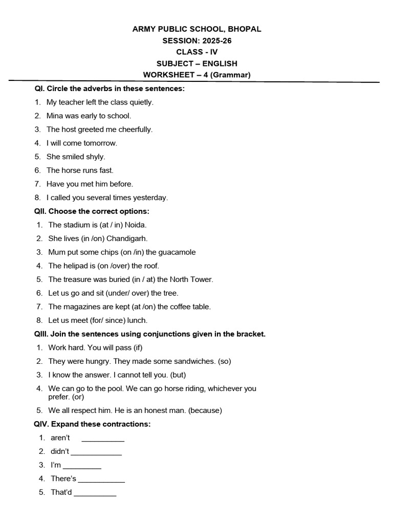 English Revision Worksheet 4 Class IV | PDF
