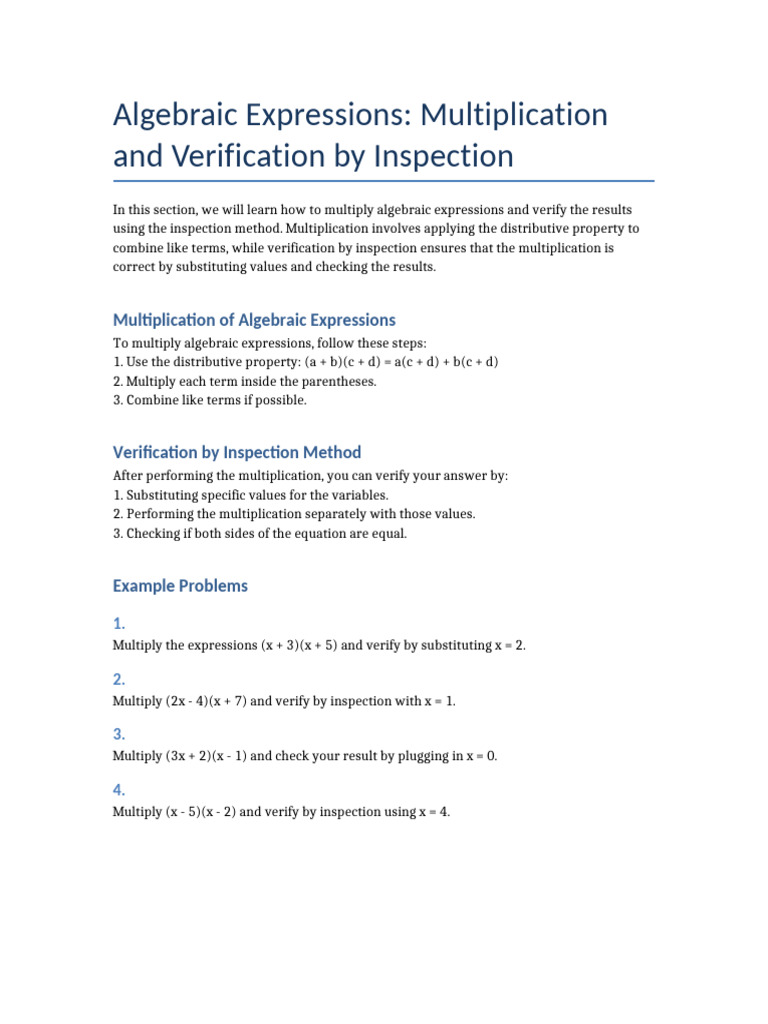 Algebraic Expressions Multiplication Verification | PDF