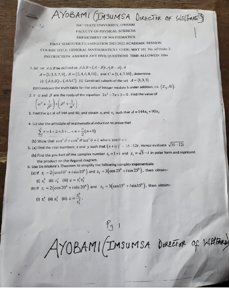 First Semester Mathematics Past Questions | PDF