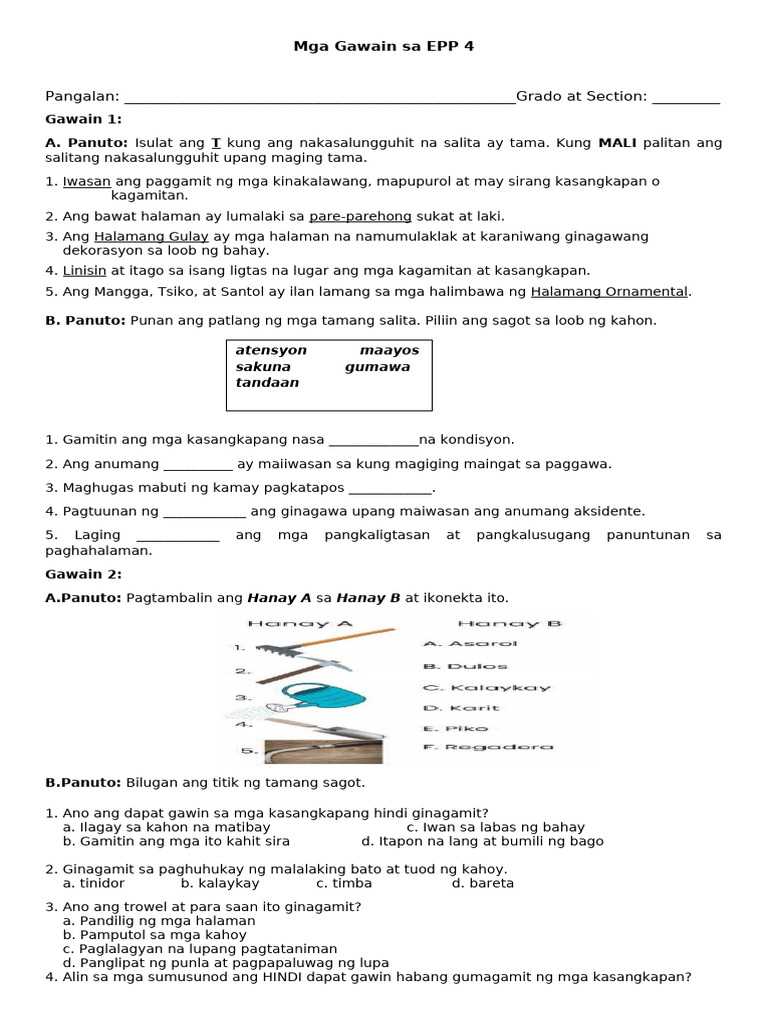 Mga Gawain sa EPP 4 | PDF