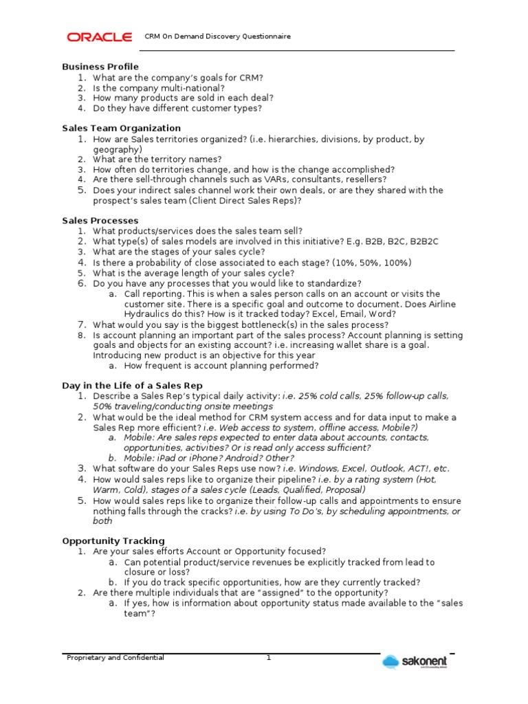 CRM Sales Discovery Questionnaire | PDF | Call Centre | Sales
