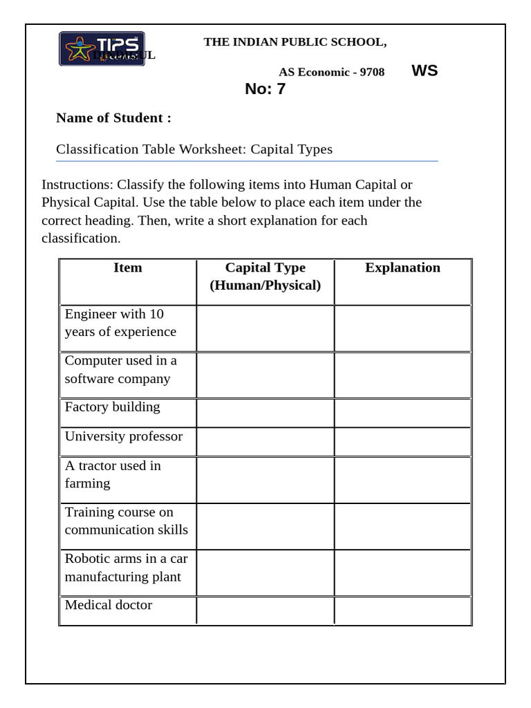 3Ws Classification Capital Types Worksheet | PDF