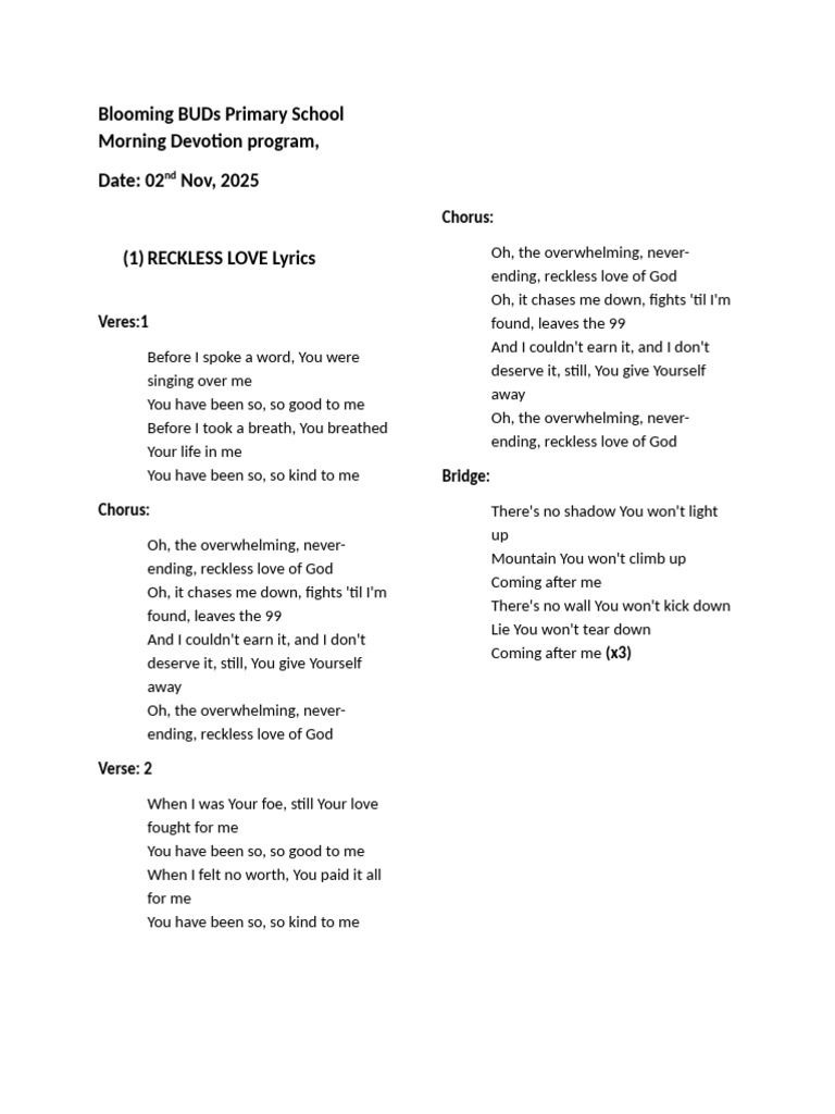 2nd Nov, 2025 Blooming BUDs Devotion Songs | PDF | Theology | Religious ...