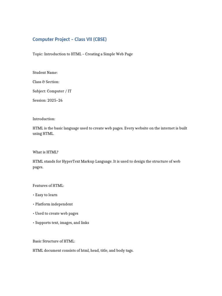 Class 7 HTML Project | PDF