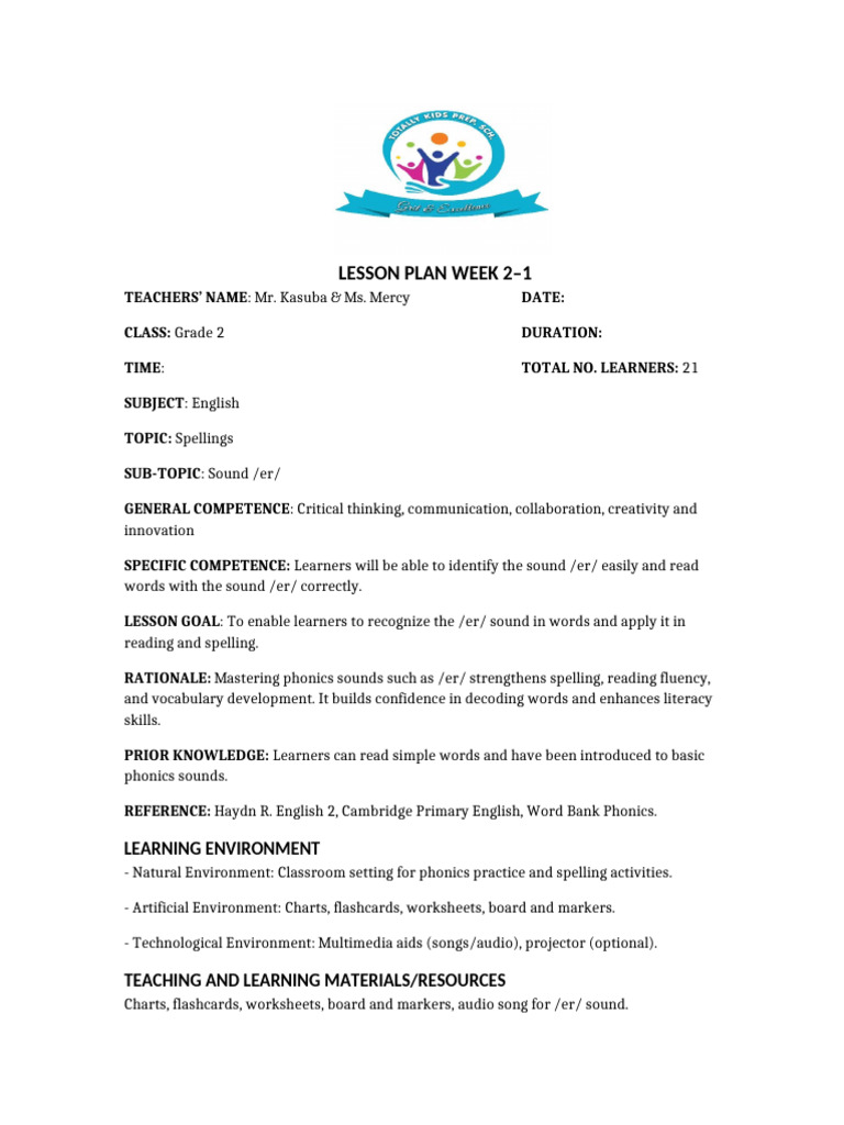 Lesson Plan Week 2-1 | PDF | Phonics | Learning