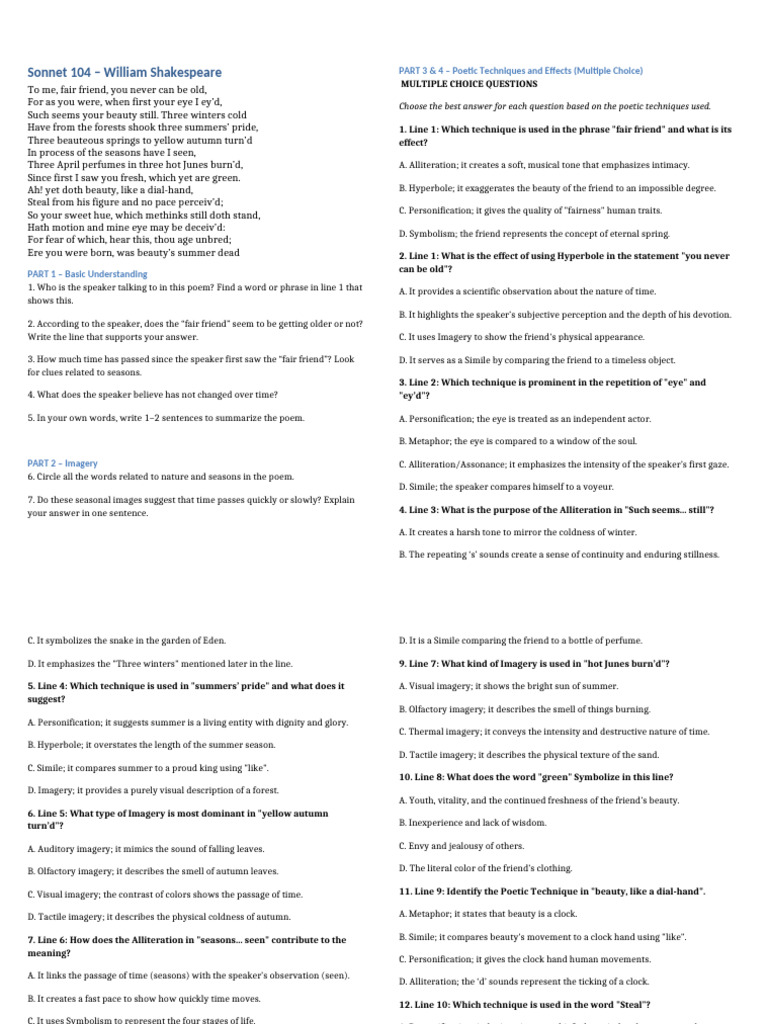 Sonnet 104 Worksheet Questions | PDF | Poetry | Metaphor