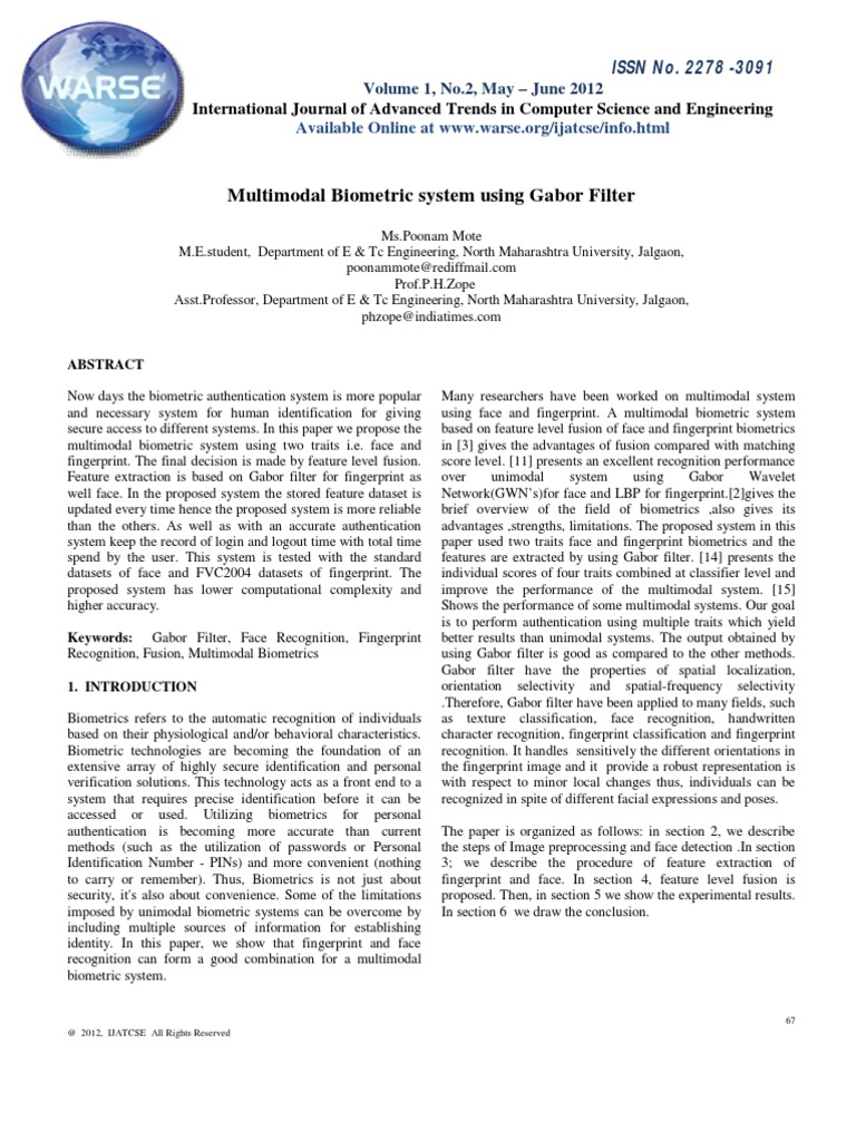 Multimodal Biometric System Using Gabor Filter | Download Free PDF ...
