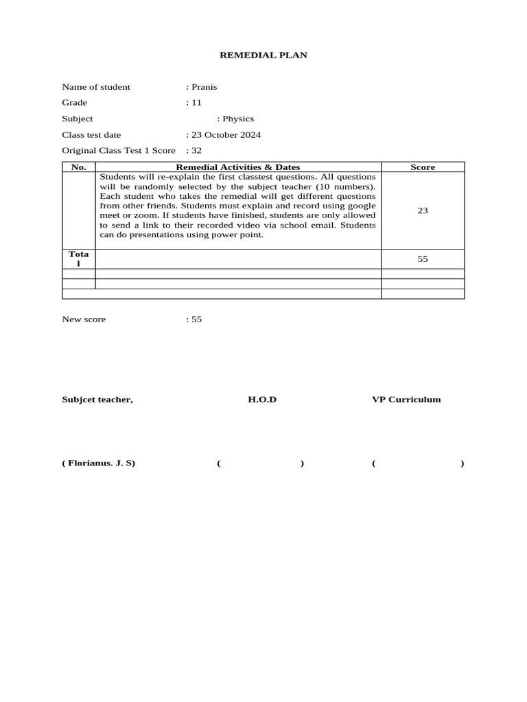 Pranish Remidial Plan | PDF