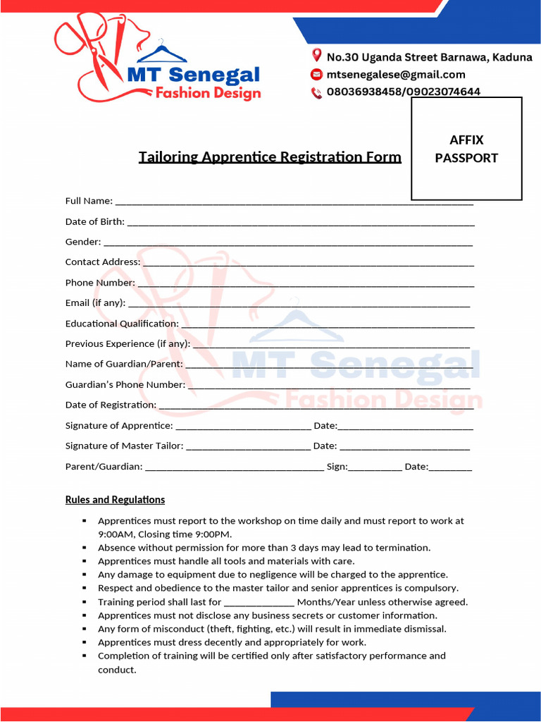 Tailoring Apprentice Registration Form | PDF
