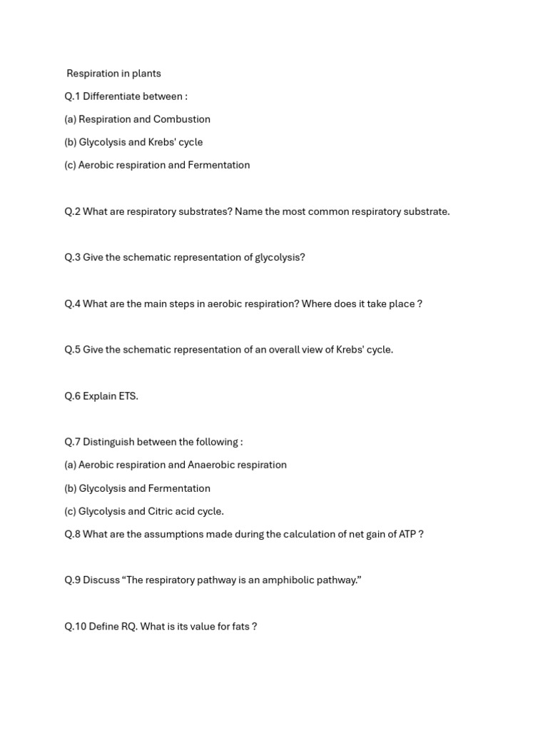 Respiration in Plants Subjective Test | PDF