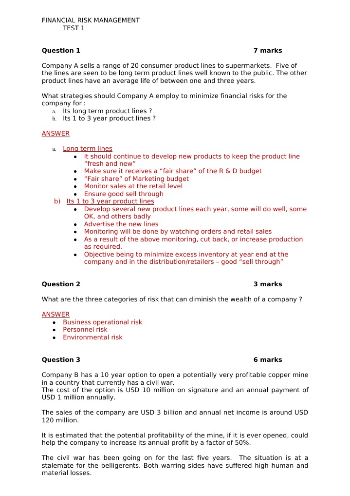 FINANCIAL RISK MANAGEMENT TEST 1 Answers | PDF | Insurance | Retail