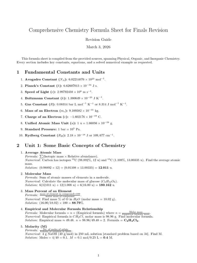 Chem Formula Sheet | PDF | Mole (Unit) | Molecules