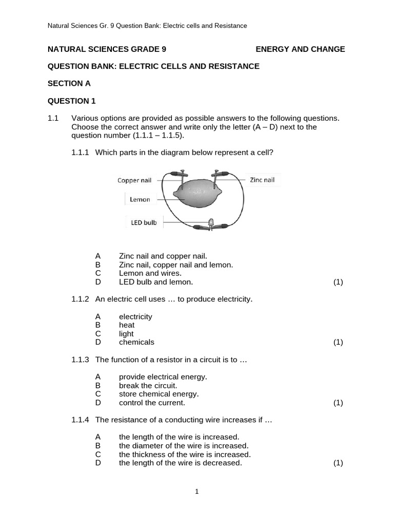 NS Gr9 Question Bank Electric Cells, Resistance 1633246390 | PDF ...