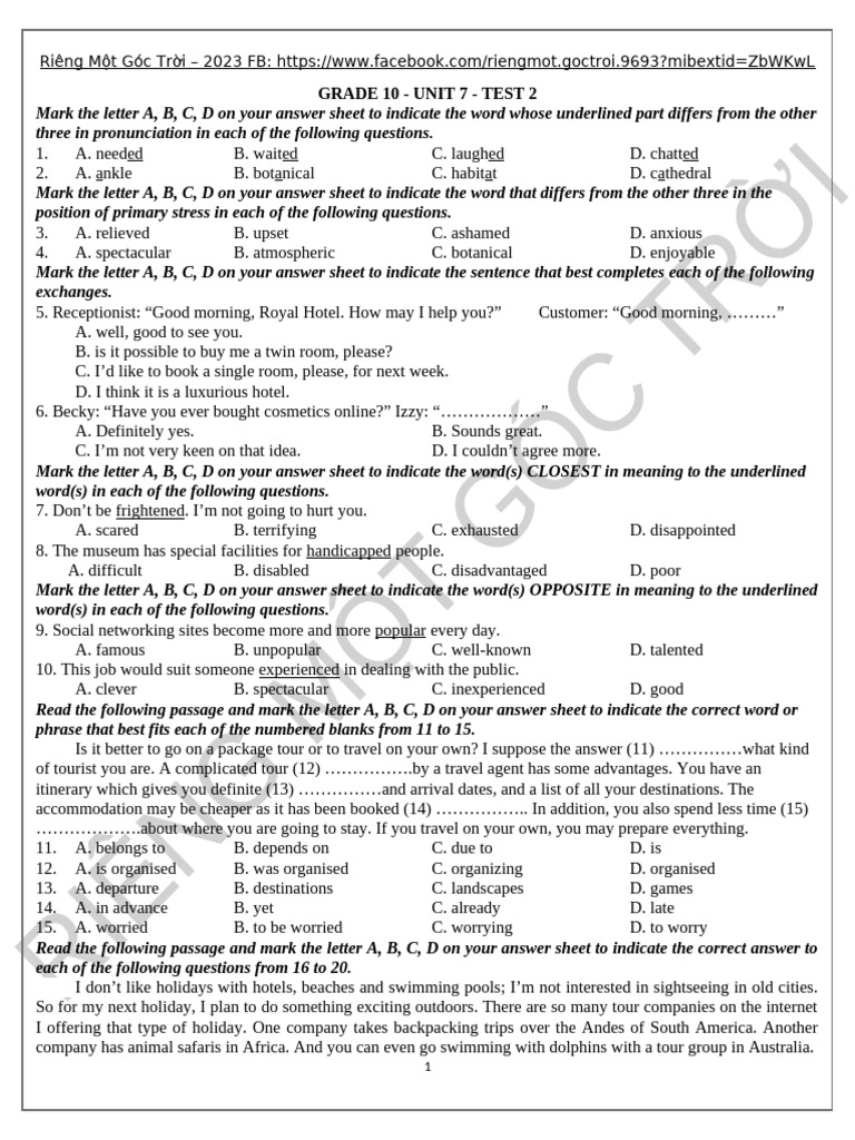 Grade 10 - Unit 7 - Test 2 - Đề | PDF