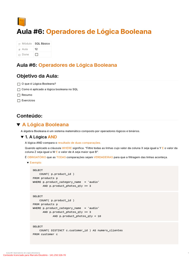Aula 6 Operadores Logica Booleana | PDF | Lógica matemática | SQL