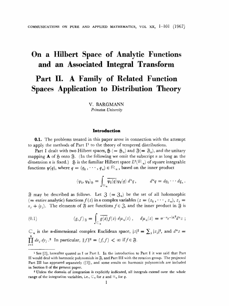 Bargmann, On A Hilbert Space of Analytic Functions and An Associated Integral Transform | PDF ...
