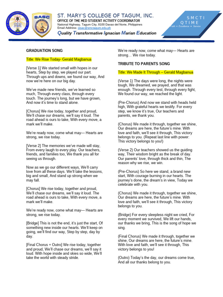 Lyrics of Graduation Songs 2025 2026 | PDF | Song Structure