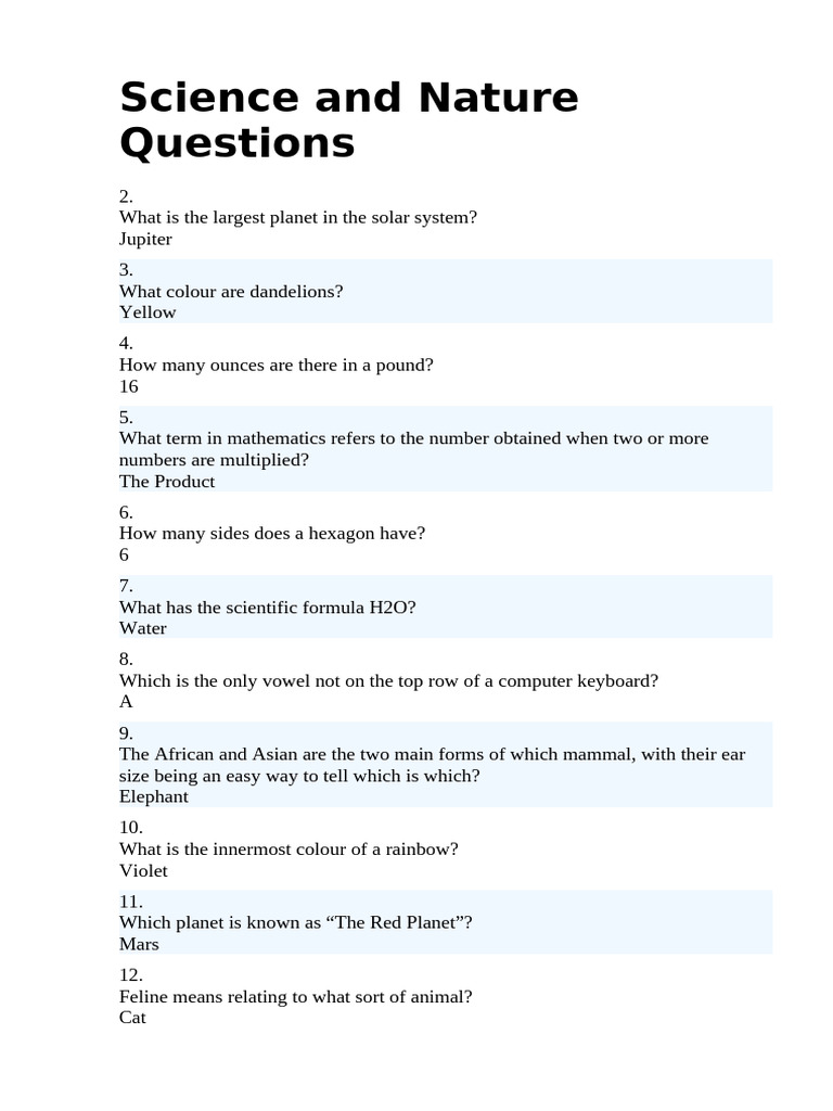 Science and Nature Questions | PDF