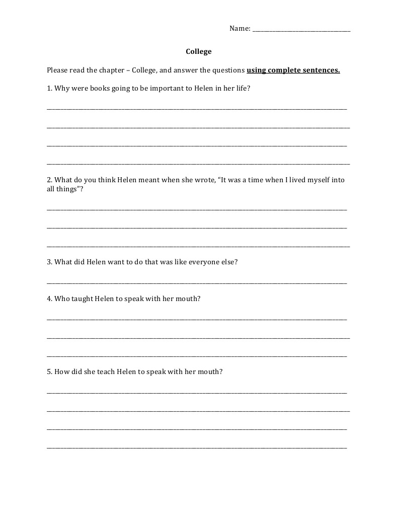 Helen Keller Reading Comprehension Question - College | PDF