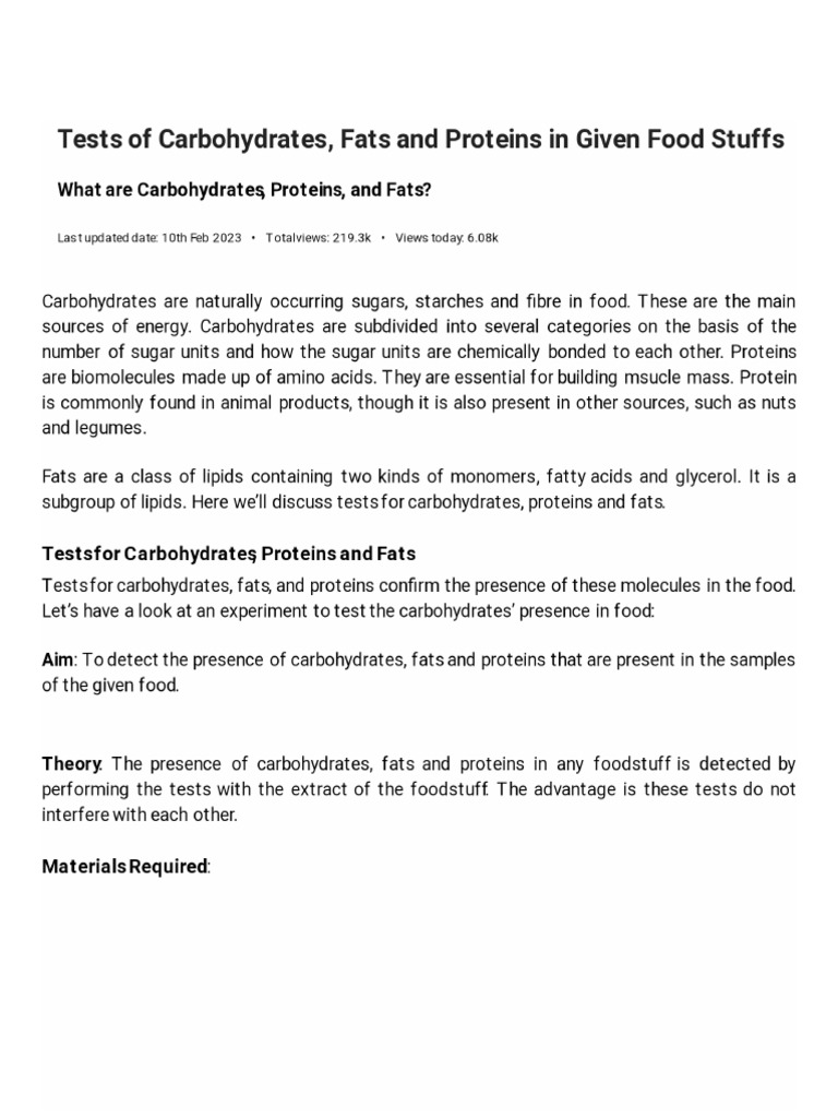 Tests of Carbohydrates, Fats and Proteins in Given Food Stuffs | PDF