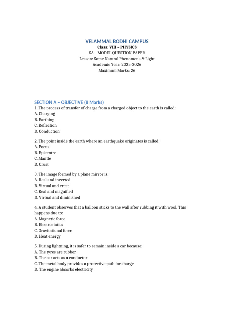 Grade 8 Physics Model Paper 2025 2026 With Answer Key Updated | PDF ...