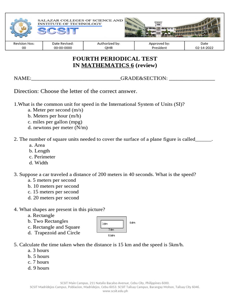 4th Periodical Test in Mathematics | PDF | Area | Speed