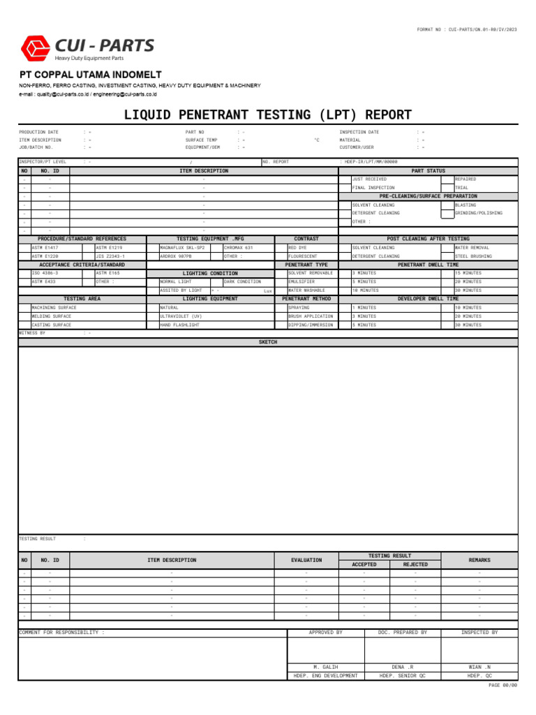 05 - Liquid Penetrant Testing (LPT) Report-Master Data Format | PDF ...