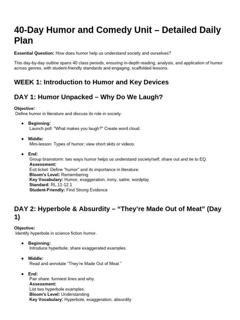 40-Day Humor and Comedy Unit – Detailed Daily Plan | PDF | Satire | Humour