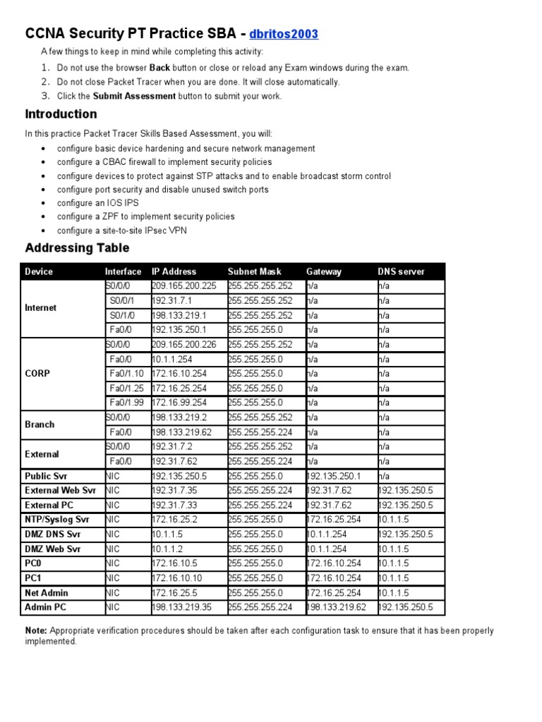 CCNA Security PT Practice SBA | PDF | Router (Computing ...