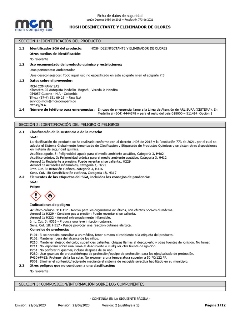 Fds Hosh Desinfectante y Eliminador de Olores | PDF | Aerosol