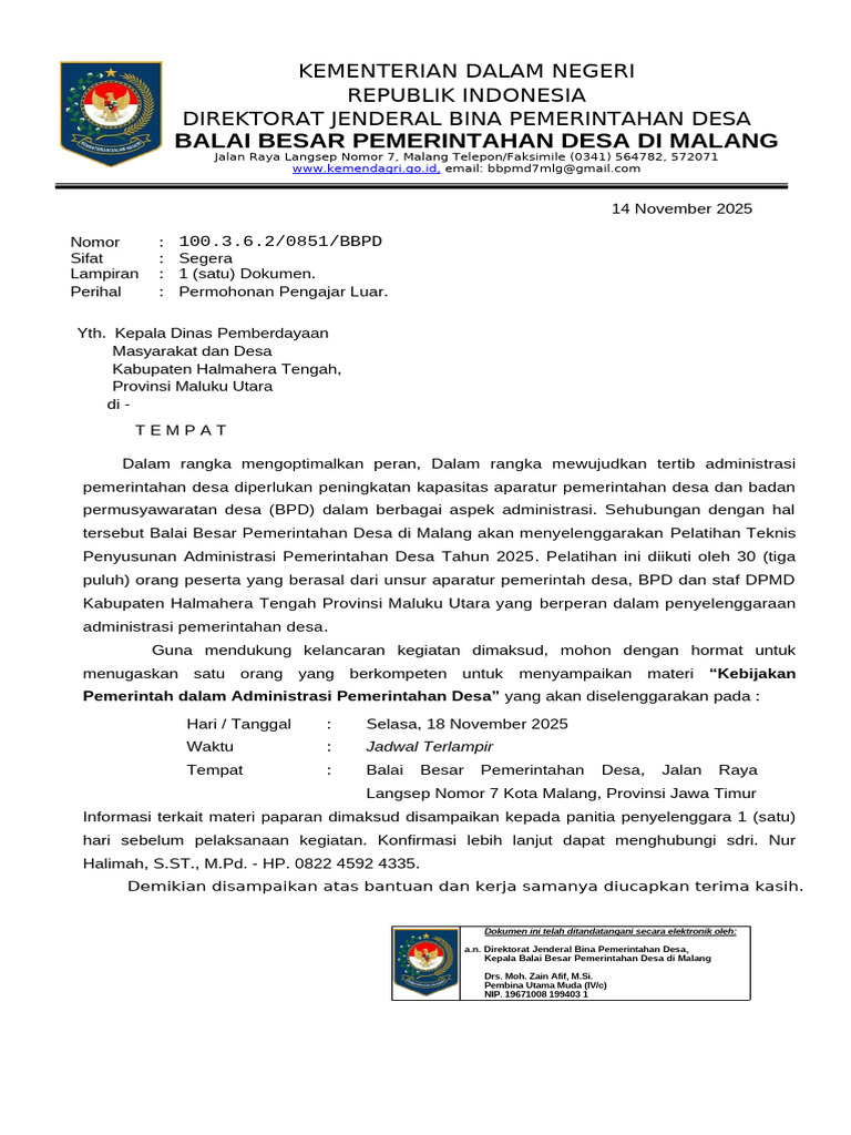 Surat Permohonan Penceramah Pengajar Luar DPMD Halteng | PDF