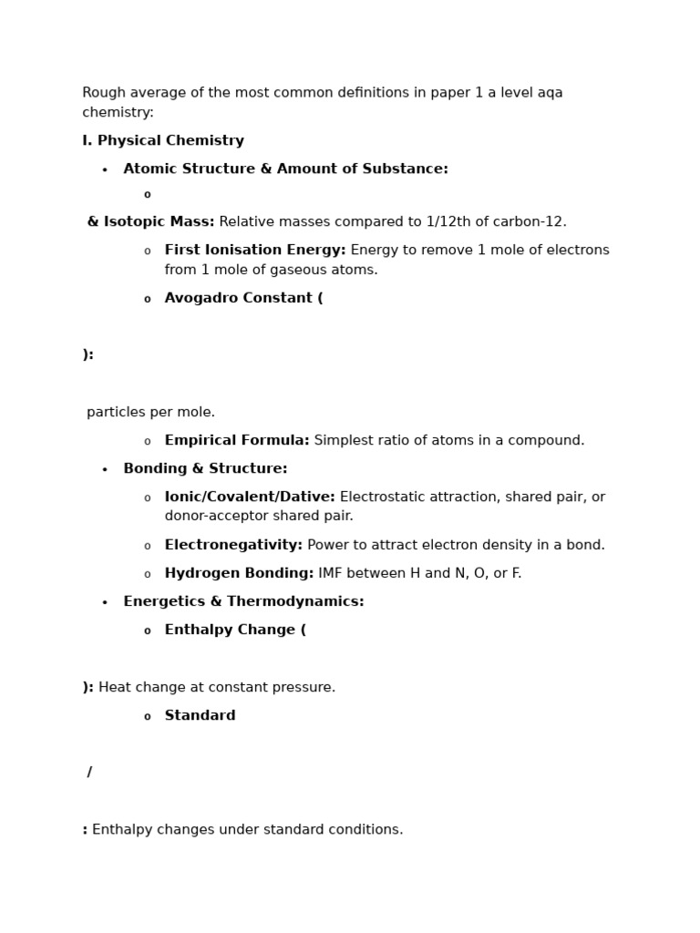 Rough Average of The Most Common Definitions in Paper 1 A Level Aqa ...