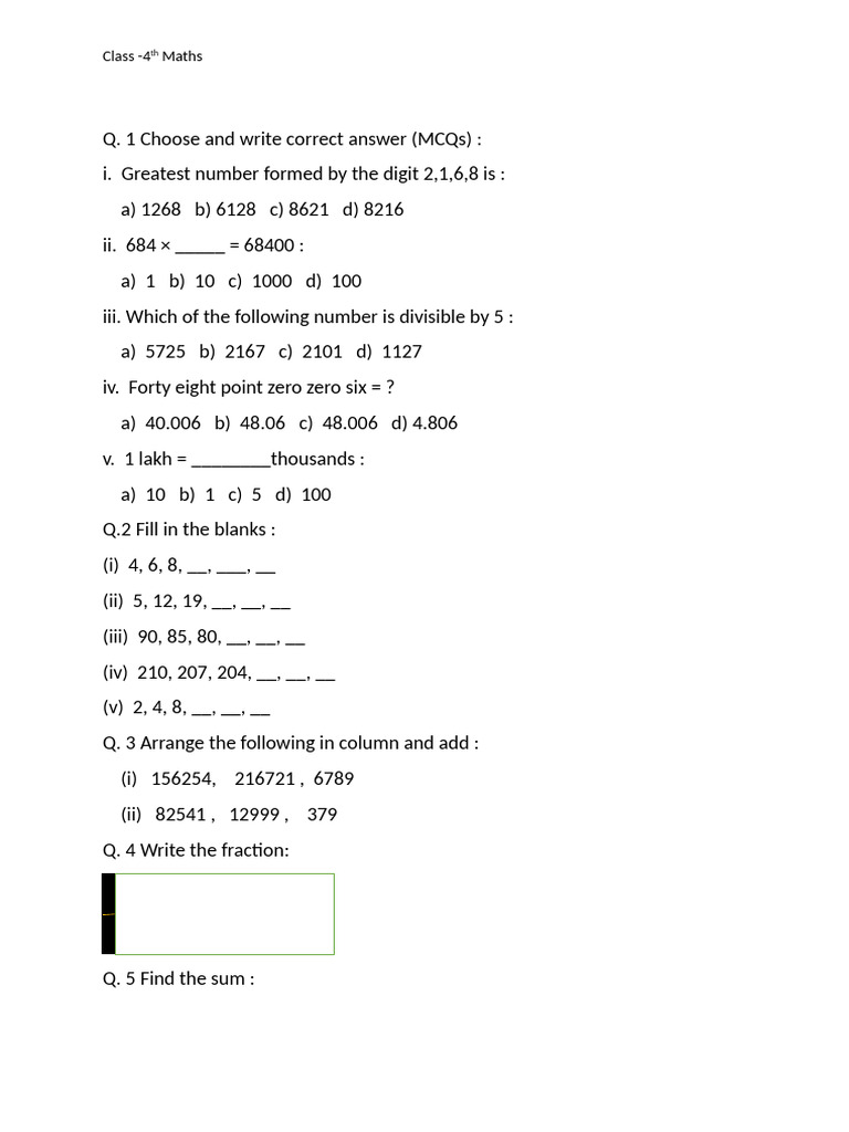 Class 4th Maths Final Exam | PDF