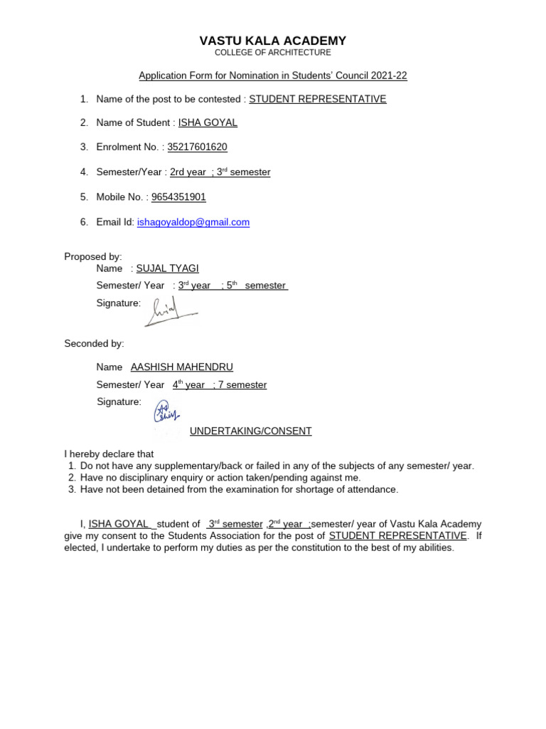 Election Nomination Form 2021-22 - ISHA GOYAL | PDF