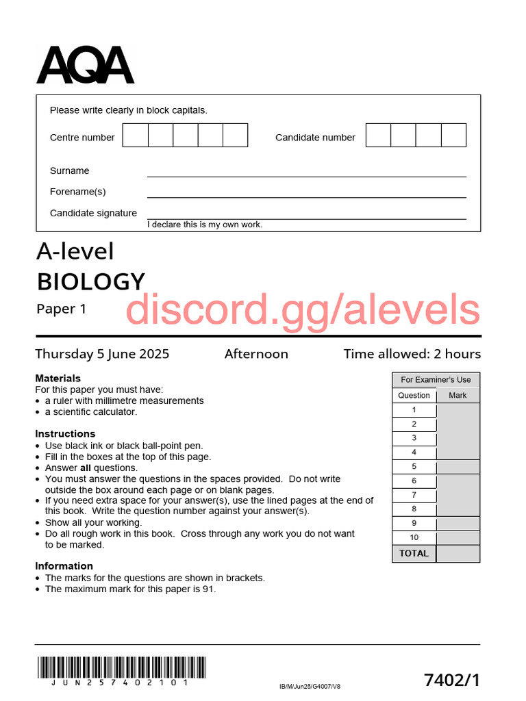 2025 AQA Biology Paper 1 A-Level | PDF | Meiosis | Microscope