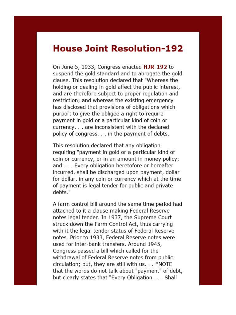 House Joint Resolution-192 | PDF | Legal Tender | United States Dollar