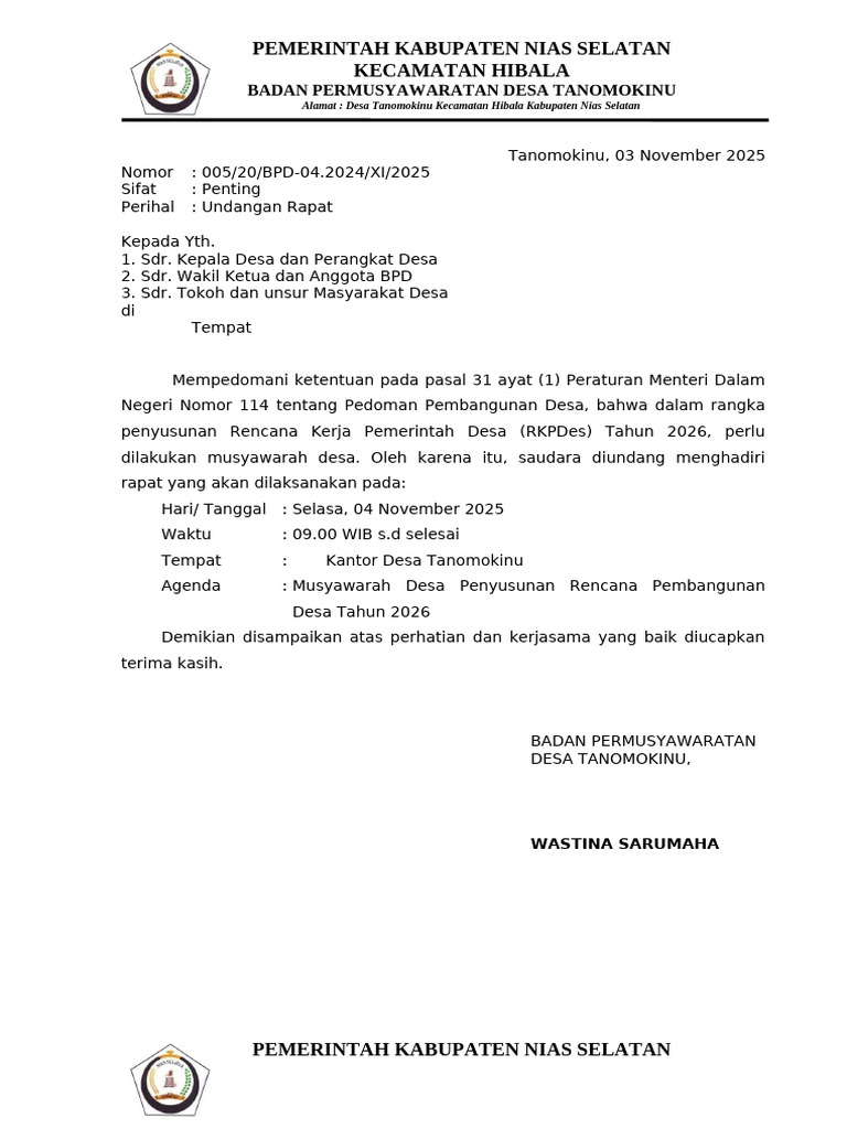Lampiran Surat Undangan RKPDes 2026 | PDF