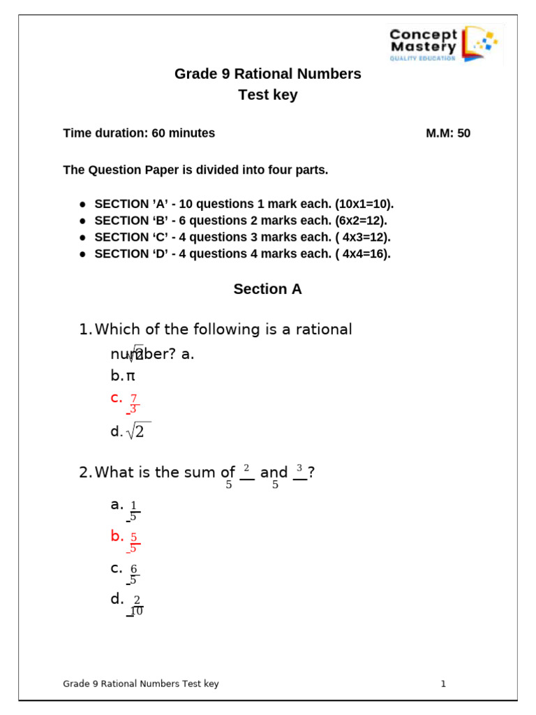 Grade 9 Rational Numbers Test Key | PDF | Fahrenheit | Elementary ...