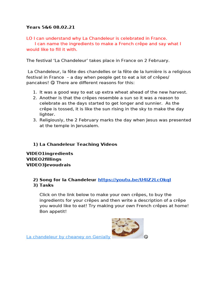 Year 5-6-08.02.21 La Chandeleur Lesson Order of Contents and Links | PDF