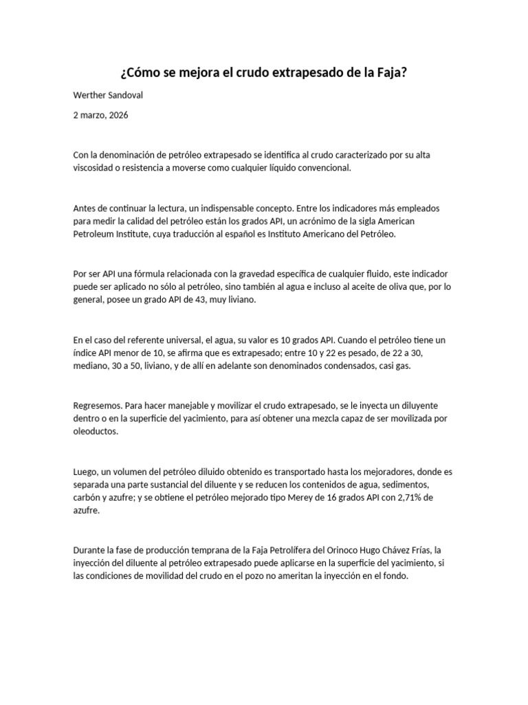 Cómo Se Mejora El Crudo Extrapesado de La Faja | PDF | Petróleo ...