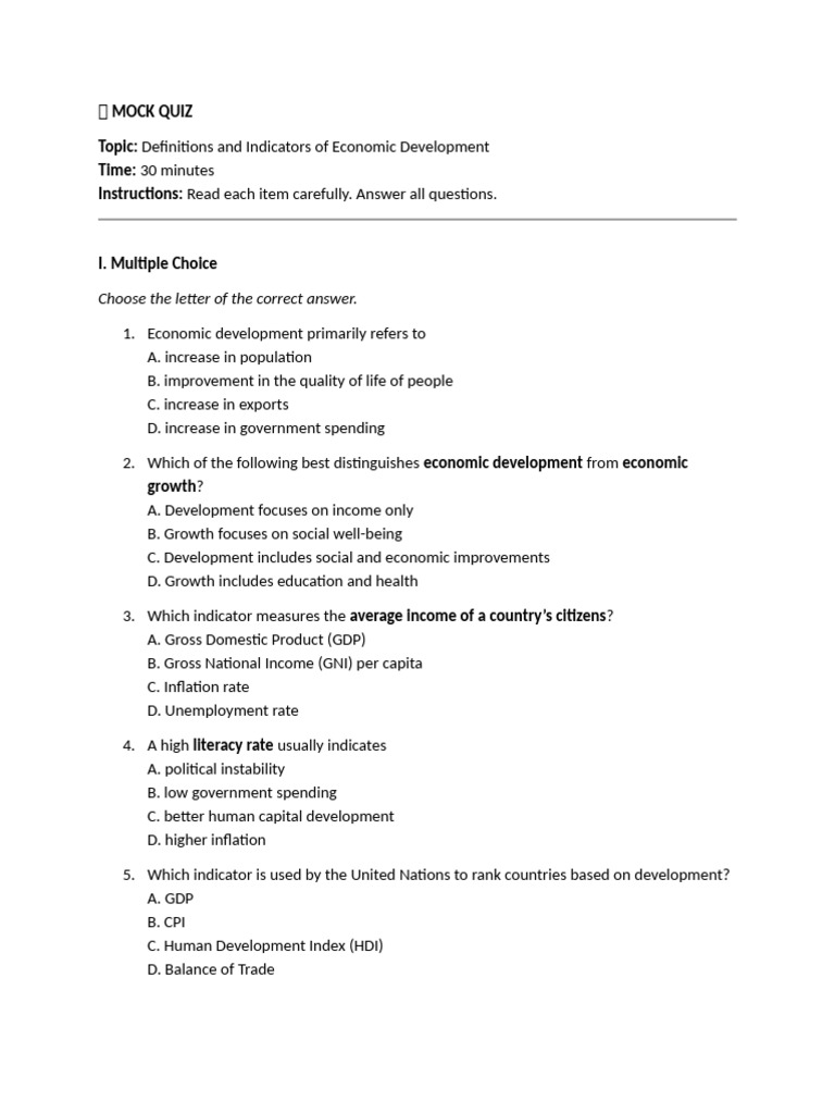 ? Mock Quiz Socials | PDF | Agriculture | Economic Development