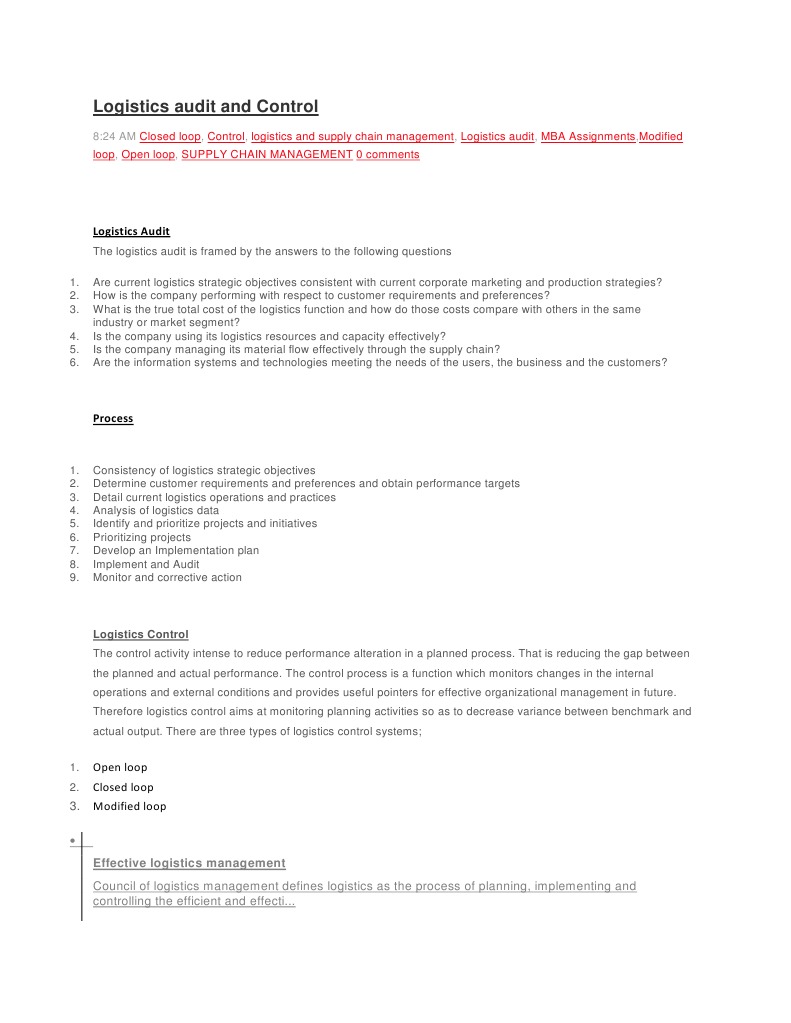 Logistics Audit and Control | Logistics | Supply Chain