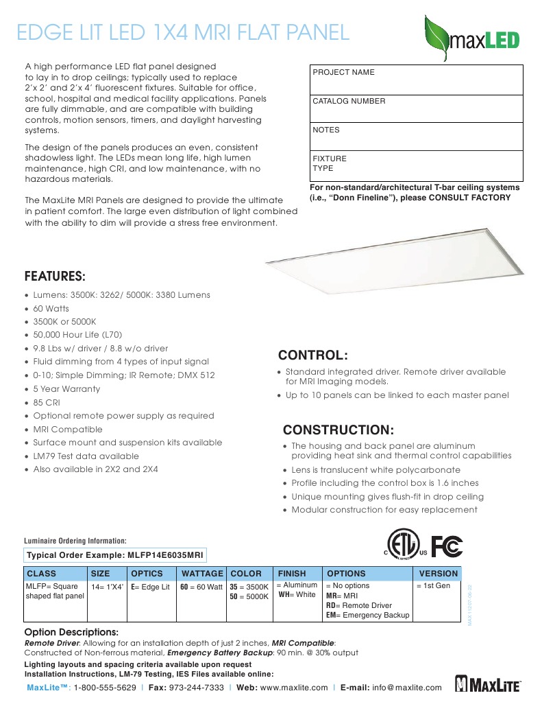 Maxlite LED Flat Panel Datasheet MLFP14E6035 6050 PDF | PDF | Light ...