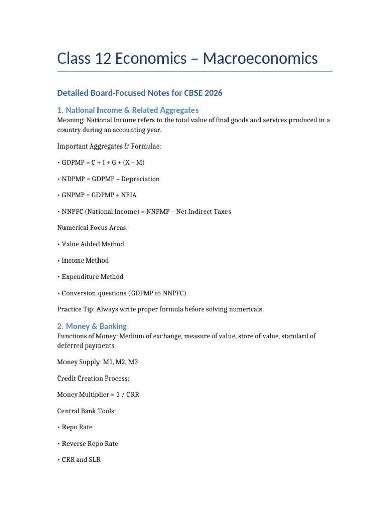 Class 12 Macroeconomics Detailed Board Notes CBSE 2026 | PDF