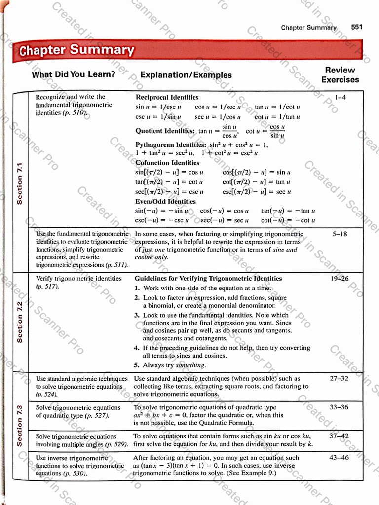 Chapter 7 Part 1 Review Summary | PDF | Trigonometric Functions ...