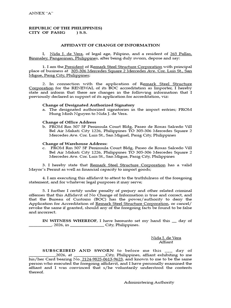 Affidavit of Change of Information | PDF