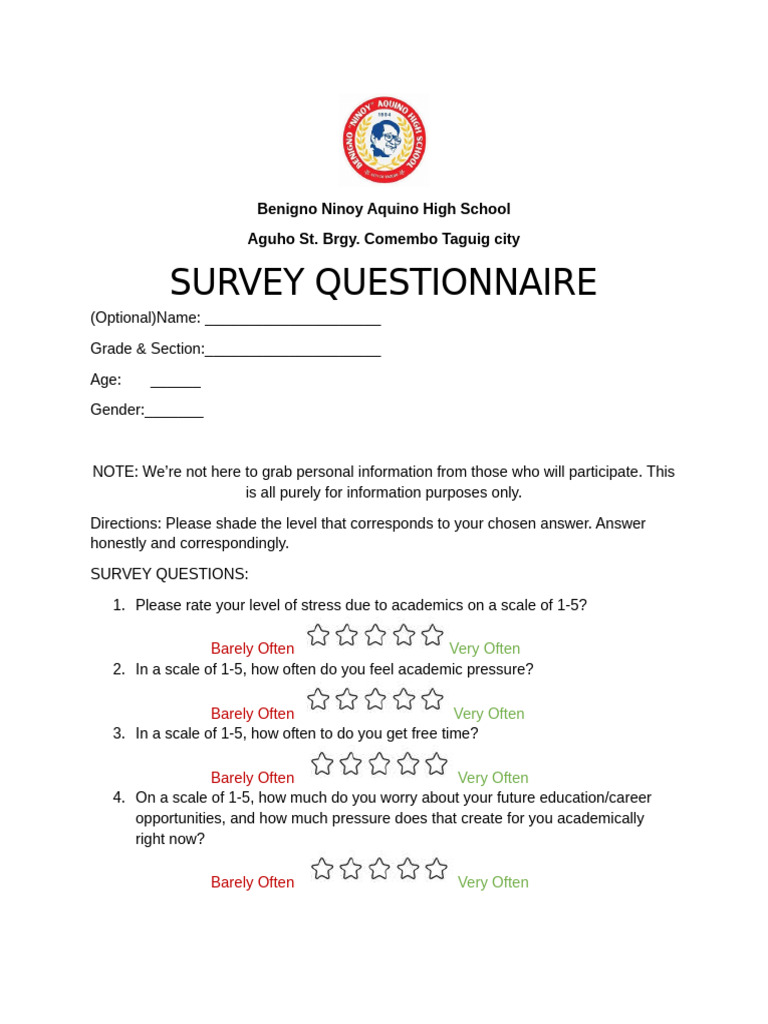 Survey Form for Grade 10 Students 1 | PDF